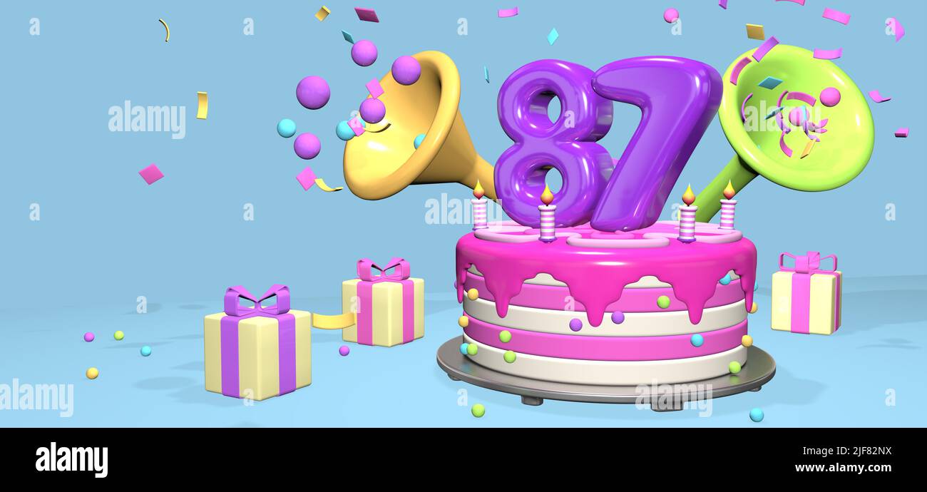 Pink birthday cake with thick purple number 87 and candles on metallic ...