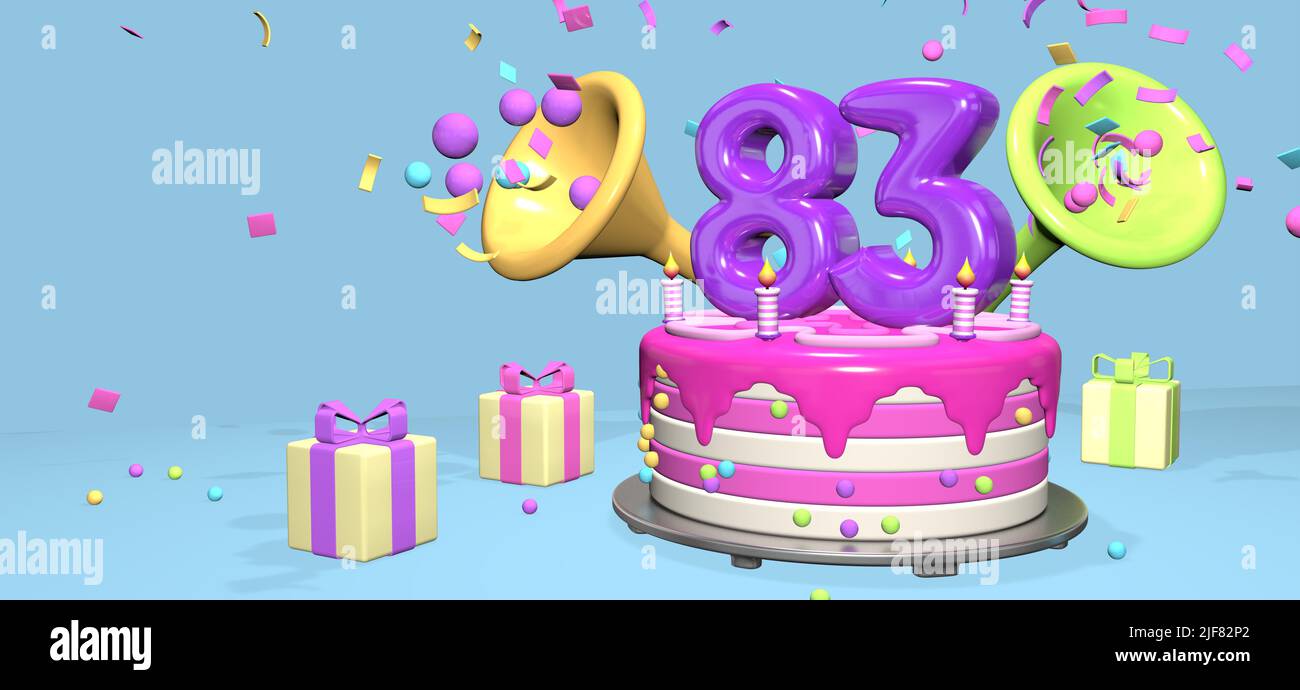 Pink birthday cake with thick purple number 83 and candles on metallic ...