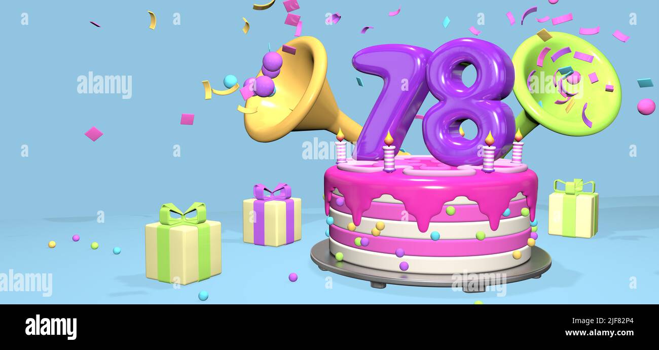 Pink birthday cake with thick purple number 78 and candles on metallic ...