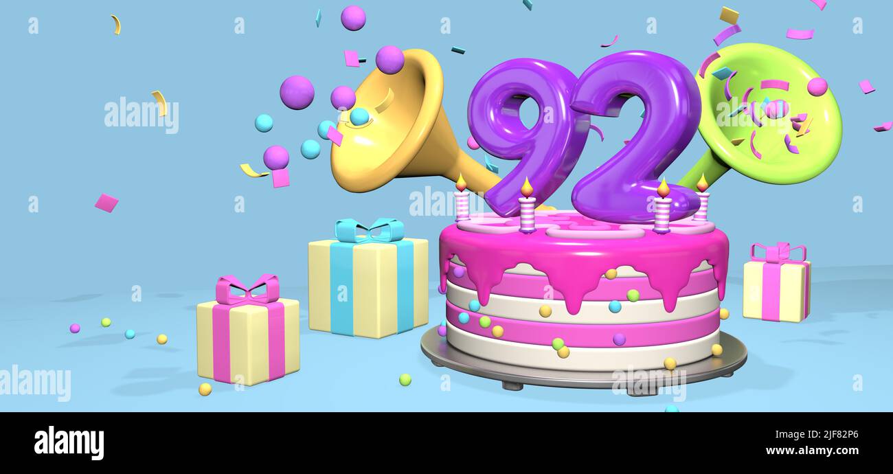 Pink birthday cake with thick purple number 92 and candles on metallic ...