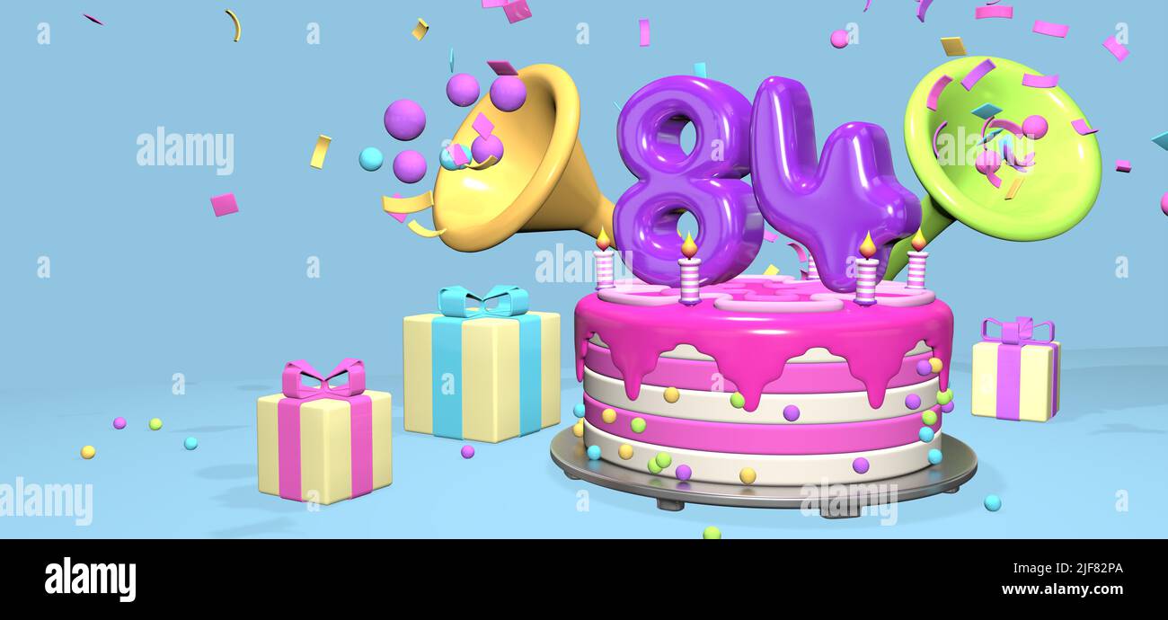 Pink birthday cake with thick purple number 84 and candles on metallic ...