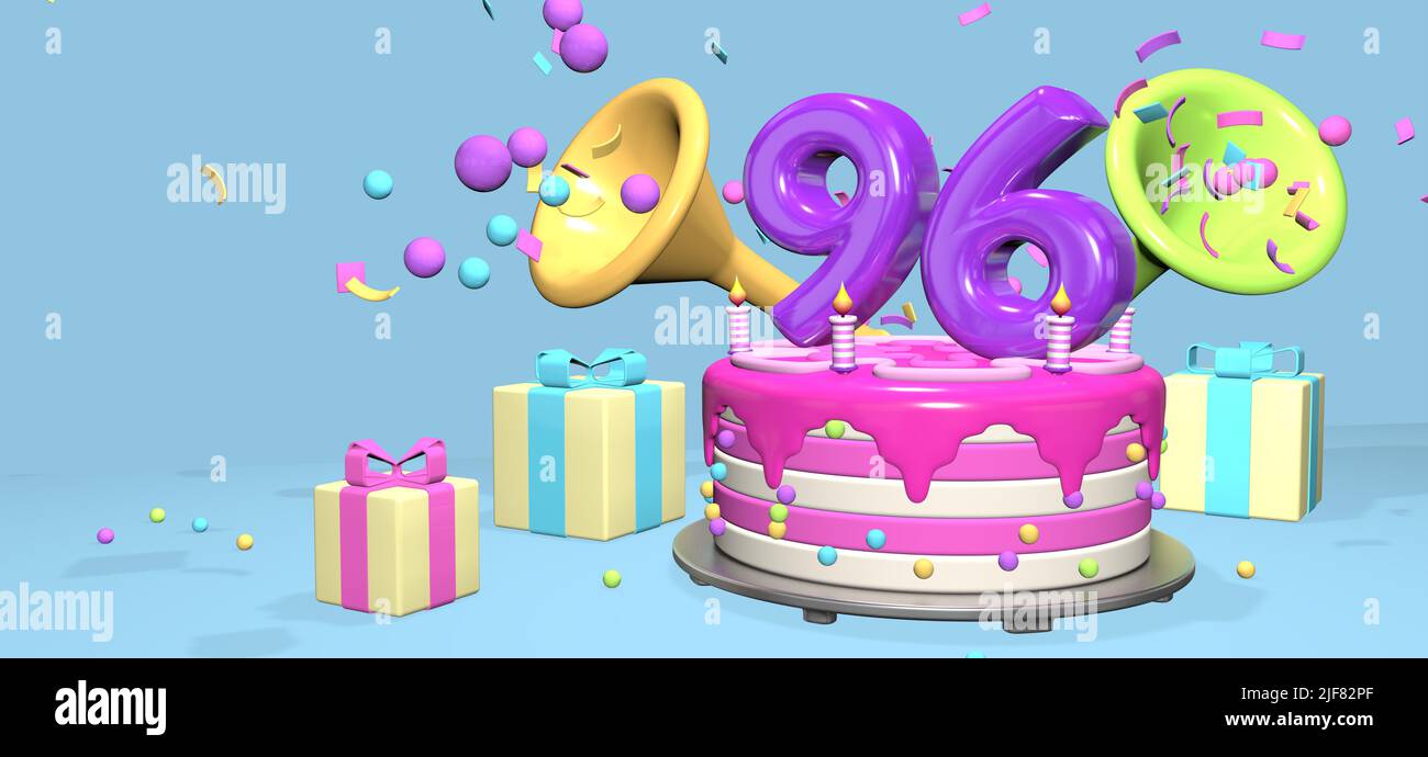 Pink birthday cake with thick purple number 96 and candles on metallic ...