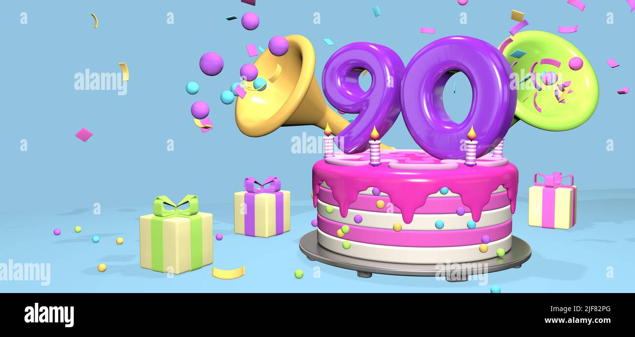 Pink birthday cake with thick purple number 90 and candles on metallic ...