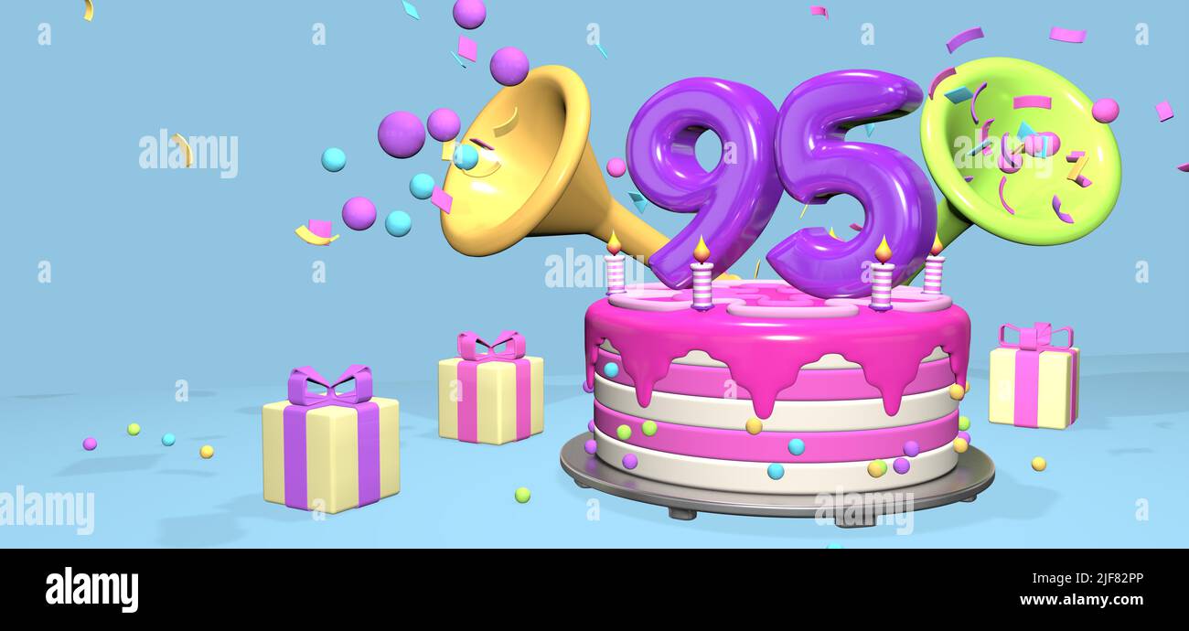 Pink birthday cake with thick purple number 95 and candles on metallic ...