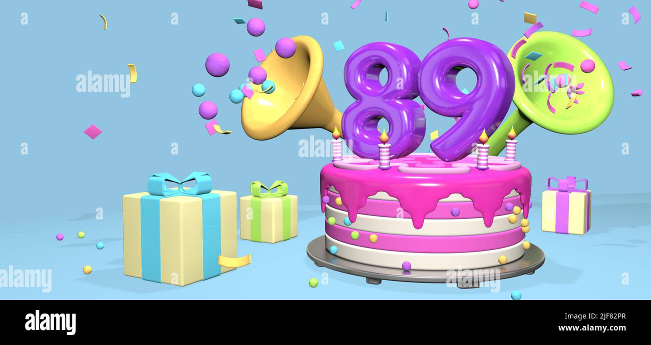 Pink birthday cake with thick purple number 89 and candles on metallic ...