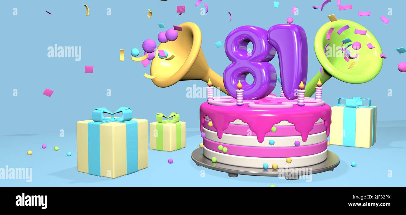 Pink birthday cake with thick purple number 81 and candles on metallic ...