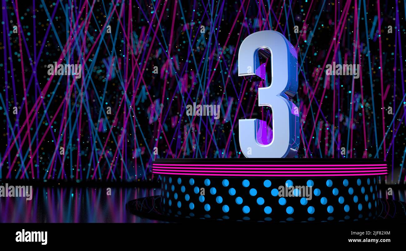 Solid number 3 reflective on a round stage with blue and magenta lights ...