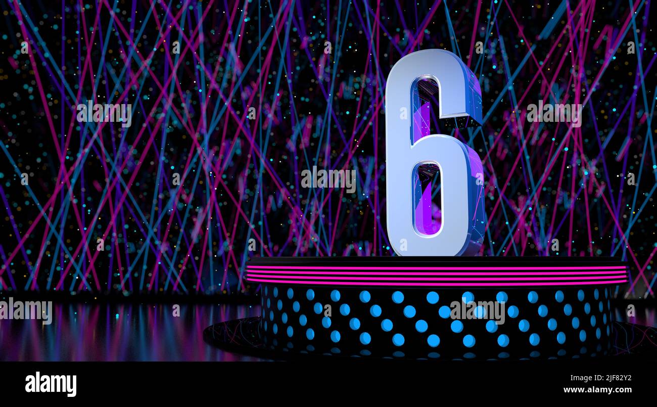 Solid number 6 reflective on a round stage with blue and magenta lights ...