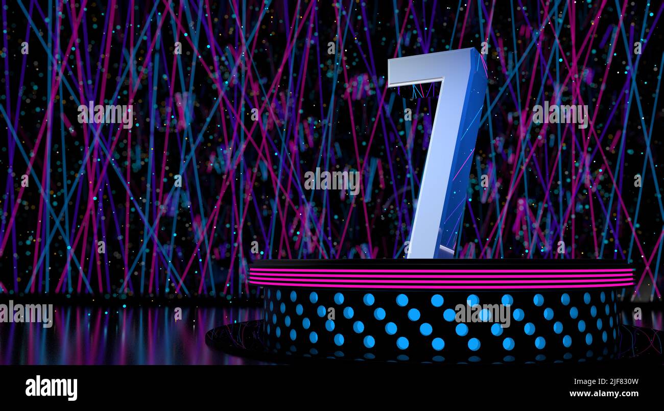 Solid number 7 reflective on a round stage with blue and magenta lights ...