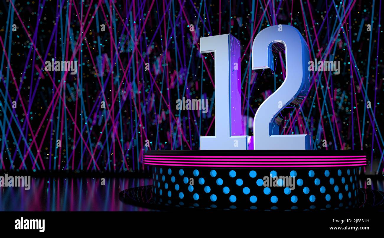 Solid number 12 reflective on a round stage with blue and magenta ...