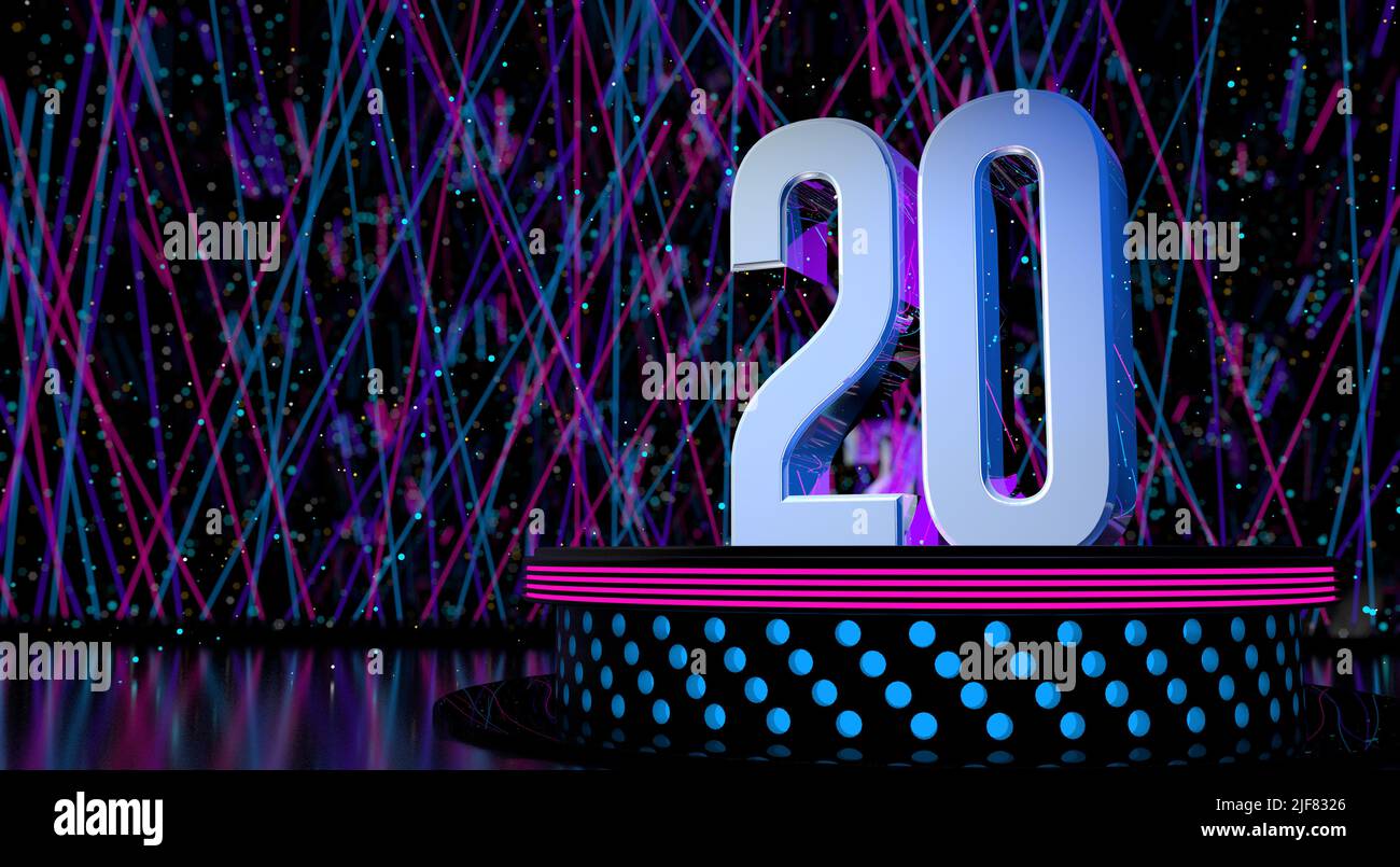 Solid number 20 reflective on a round stage with blue and magenta ...