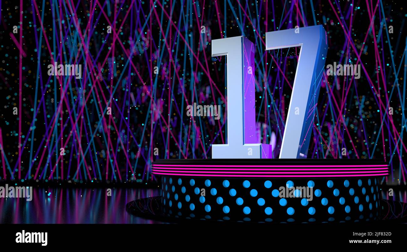 Solid number 17 reflective on a round stage with blue and magenta ...