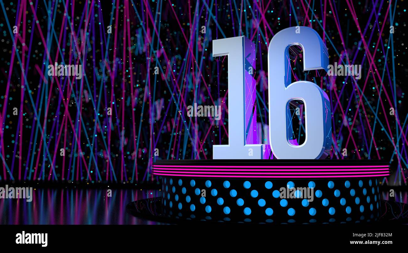 Solid number 16 reflective on a round stage with blue and magenta ...