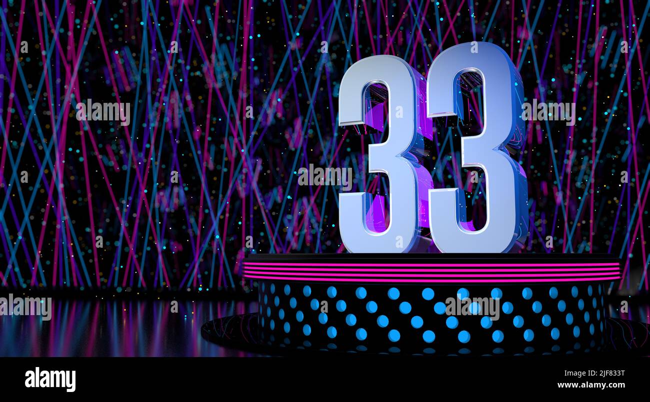 Solid number 33 reflective on a round stage with blue and magenta ...