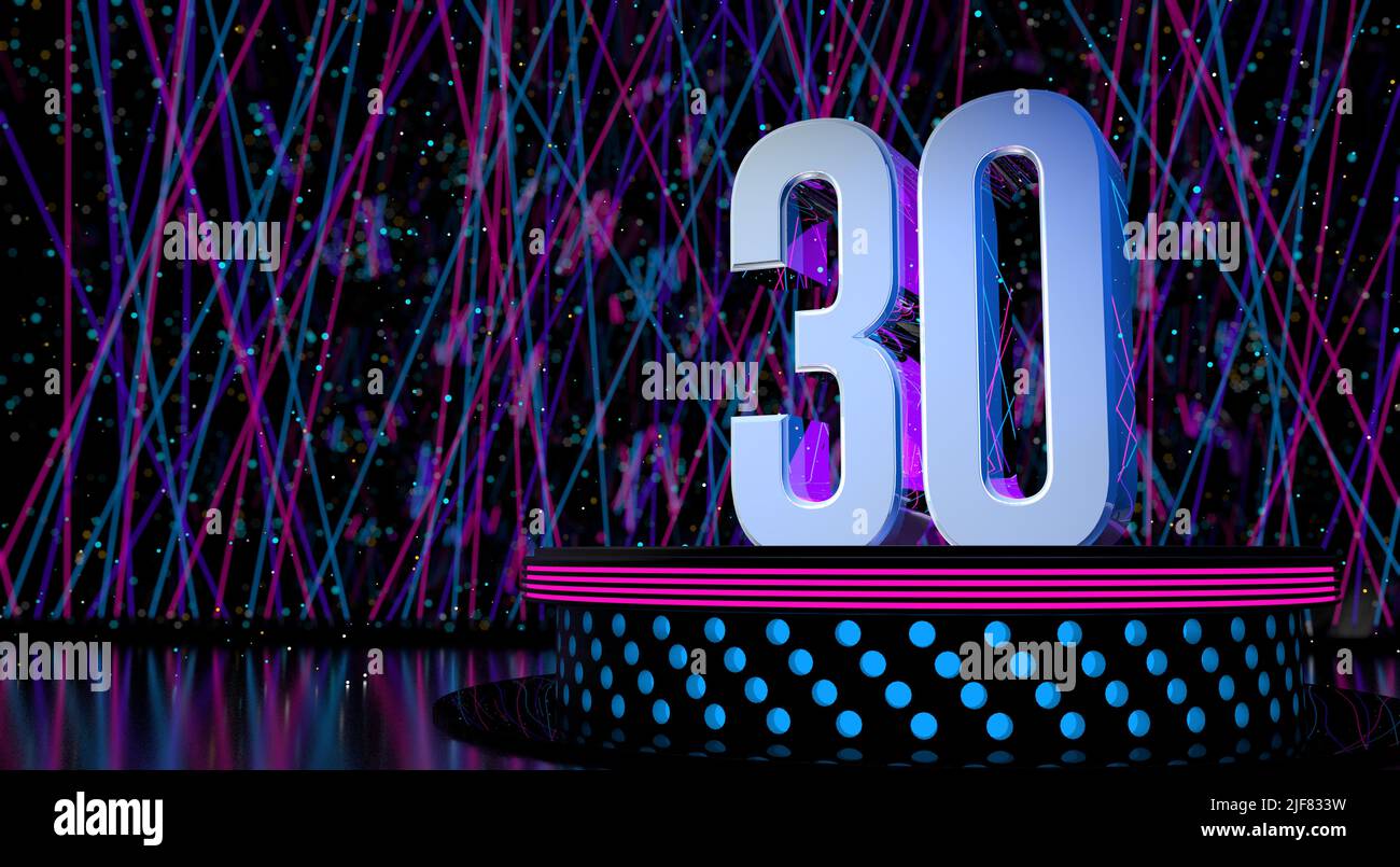 Solid number 30 reflective on a round stage with blue and magenta ...