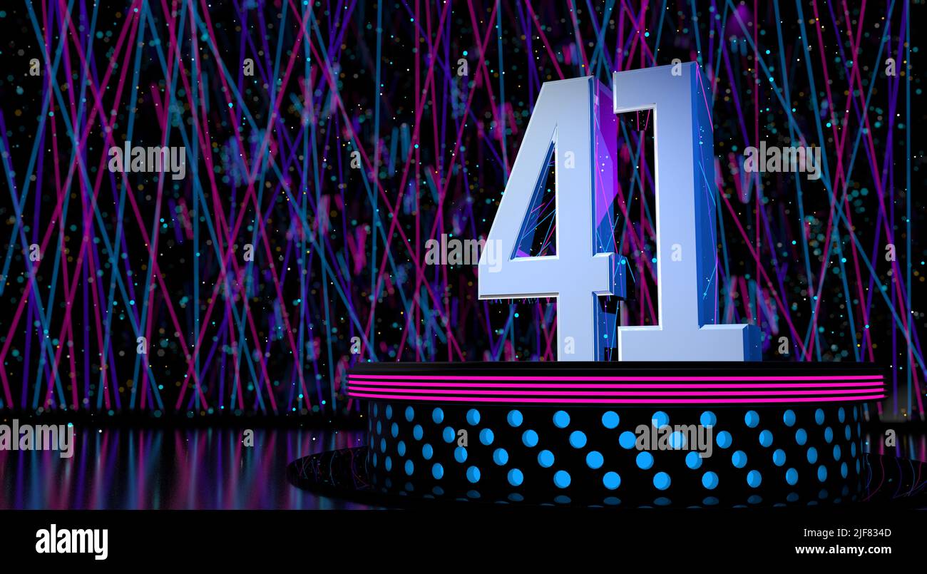 Solid number 41 reflective on a round stage with blue and magenta ...
