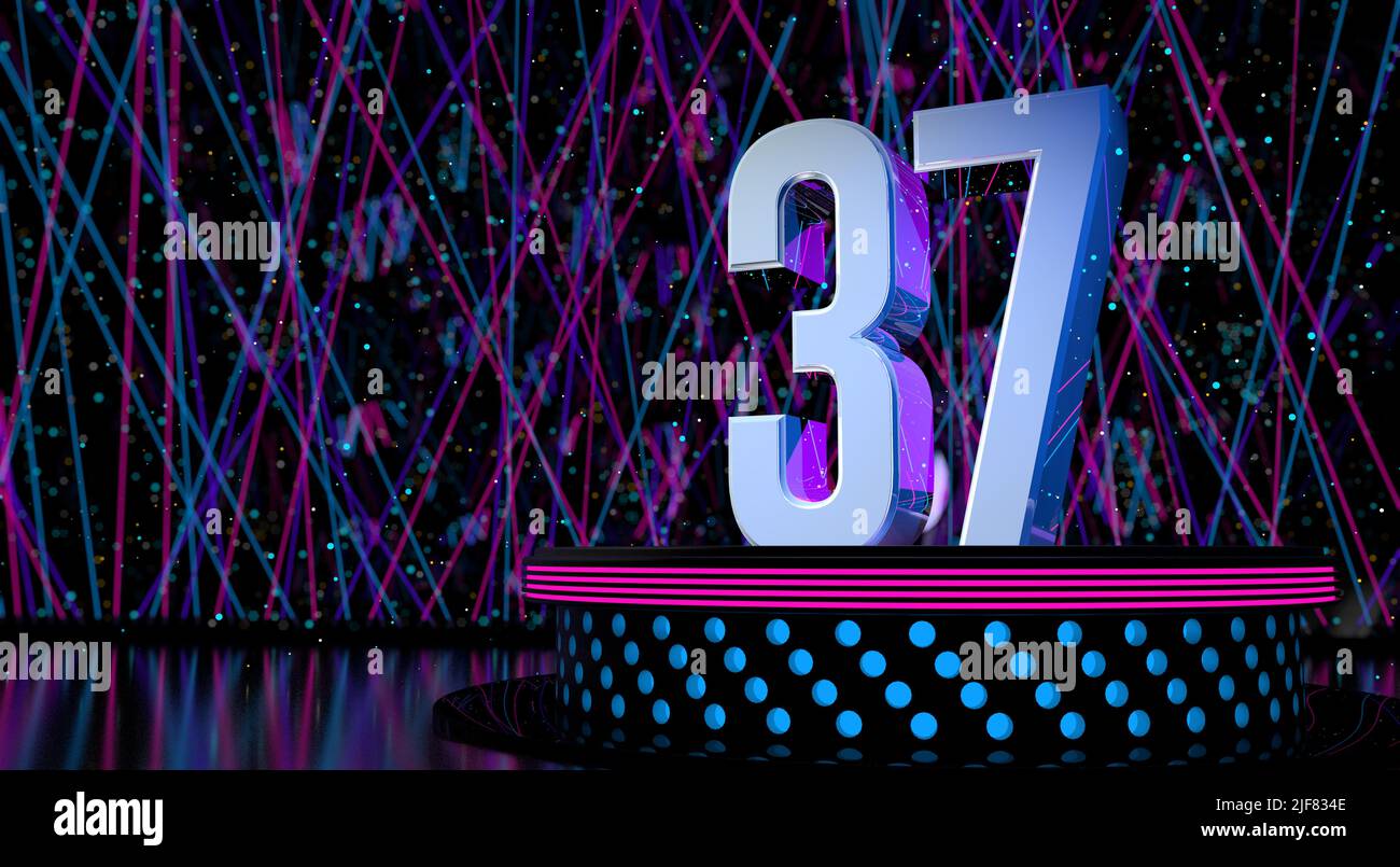 Solid number 37 reflective on a round stage with blue and magenta ...