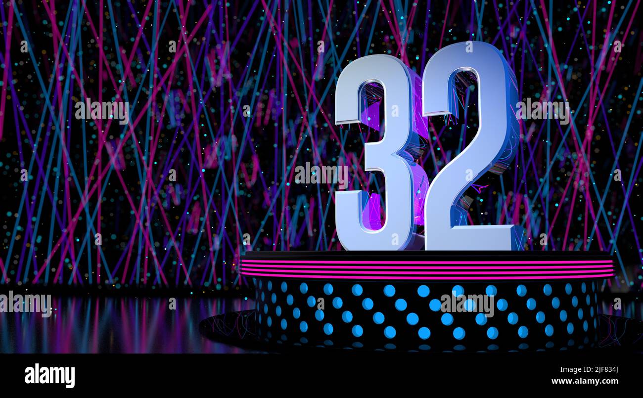 Solid number 32 reflective on a round stage with blue and magenta ...