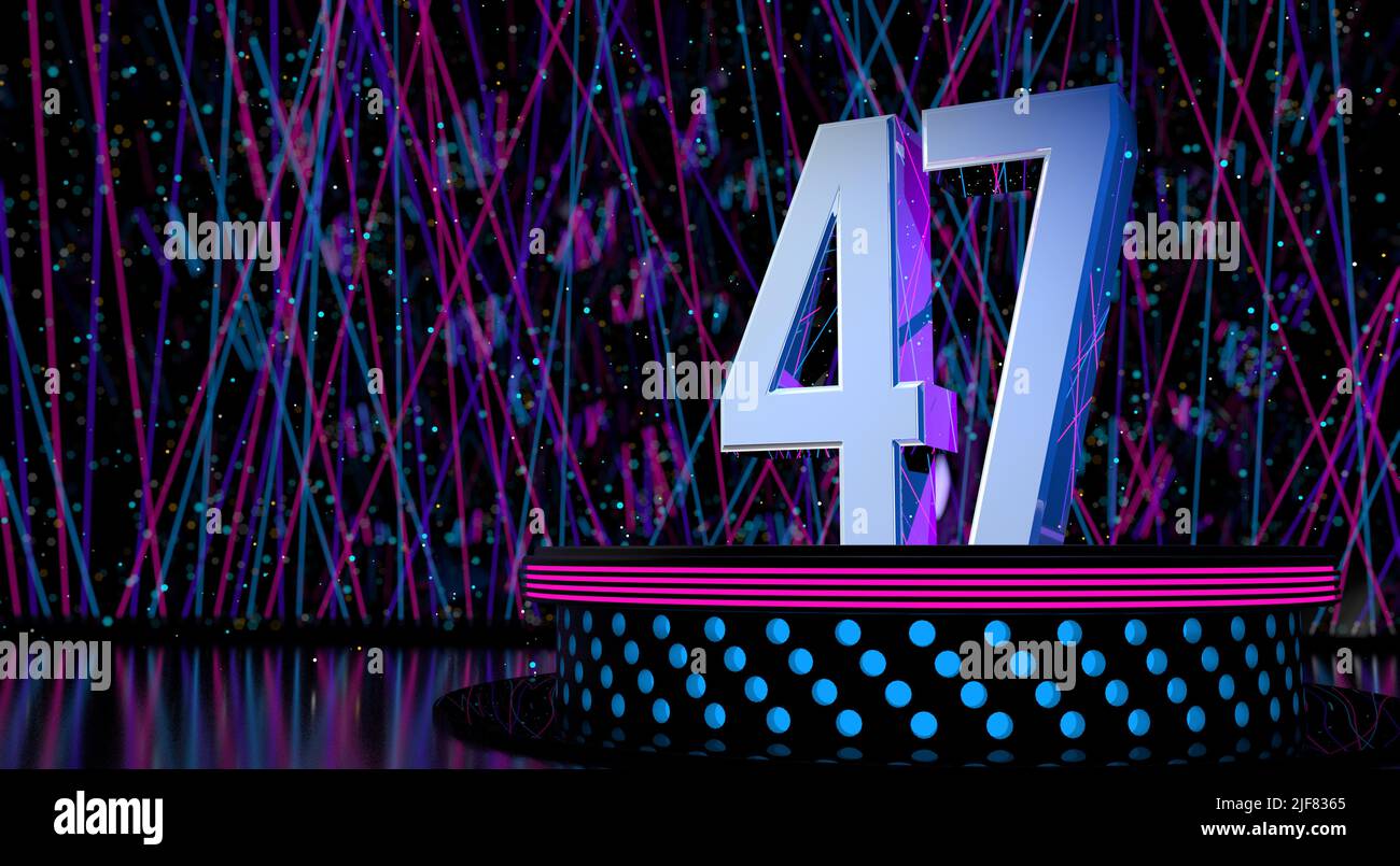 Solid number 47 reflective on a round stage with blue and magenta ...