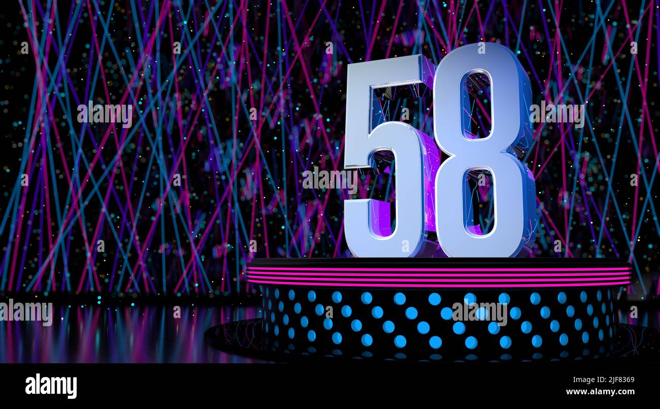 Solid number 58 reflective on a round stage with blue and magenta ...
