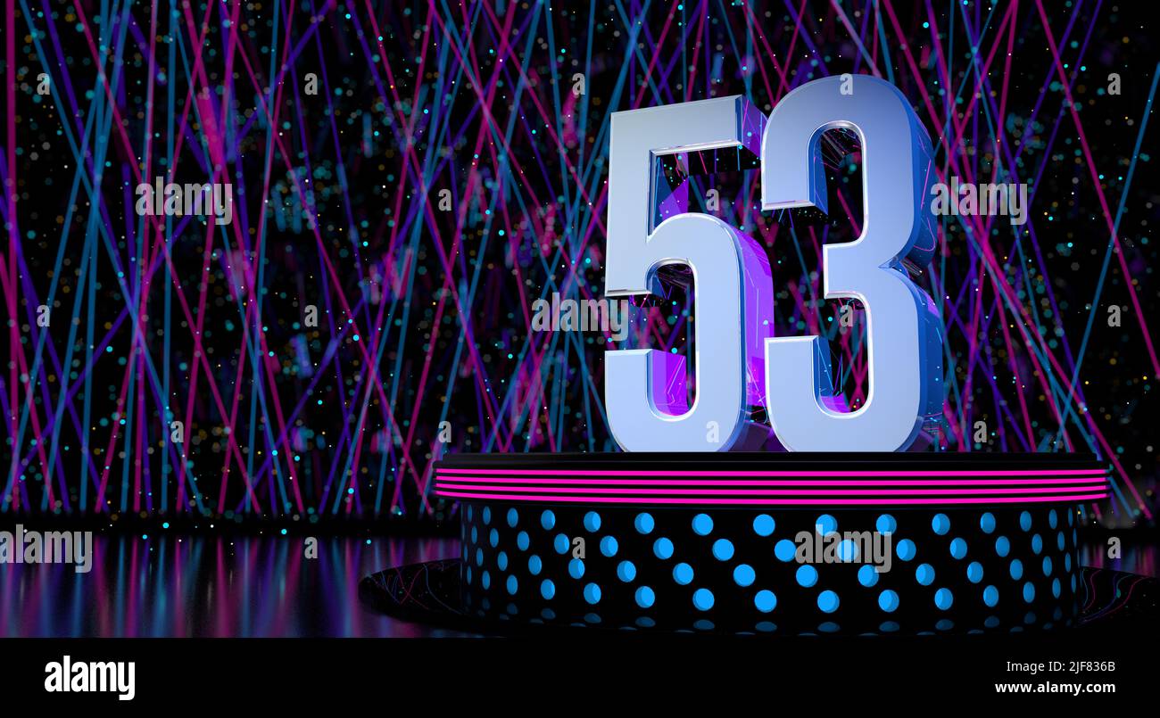 Solid number 53 reflective on a round stage with blue and magenta ...