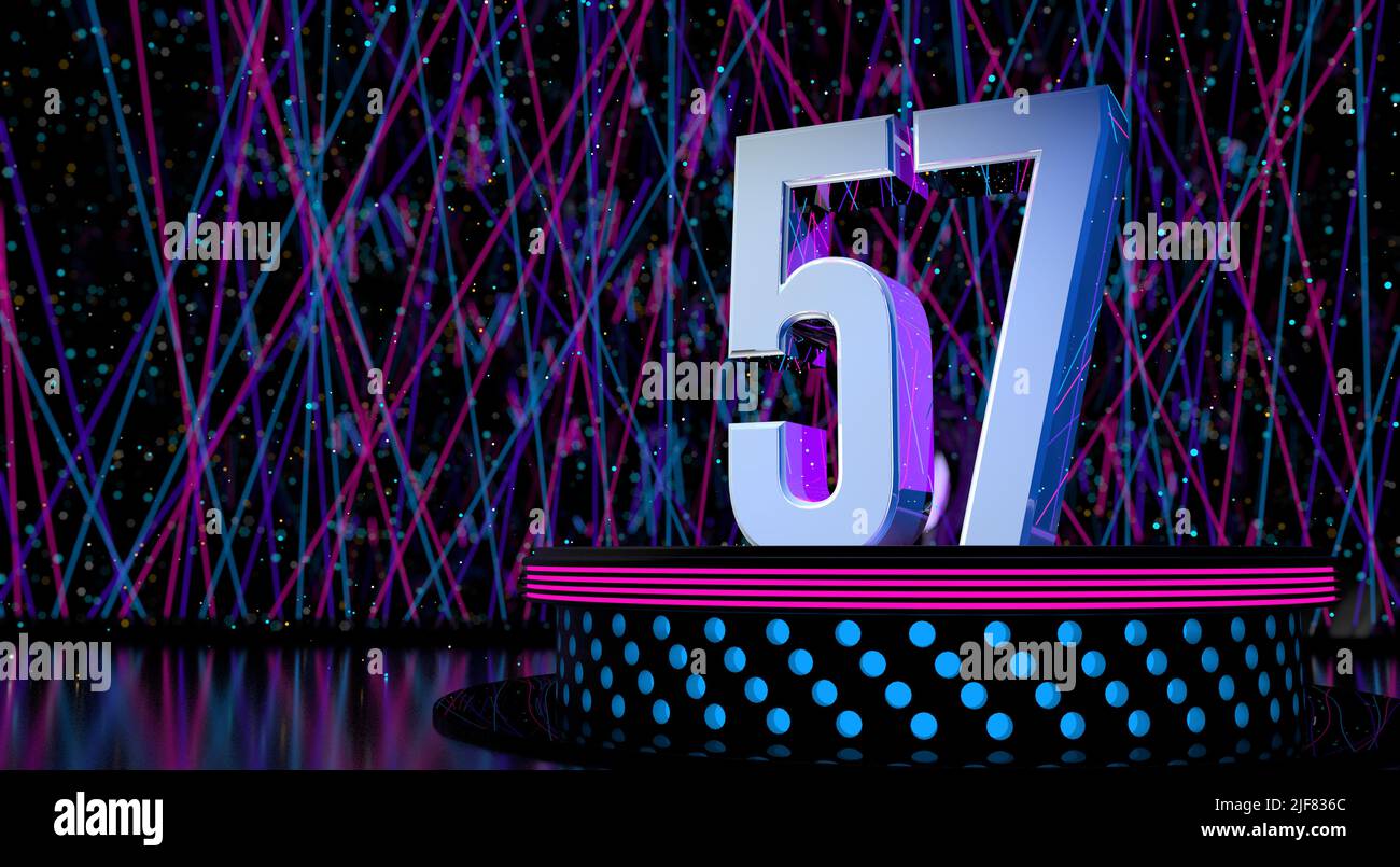 Solid number 57 reflective on a round stage with blue and magenta ...