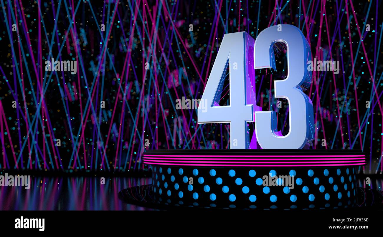 Solid number 43 reflective on a round stage with blue and magenta ...