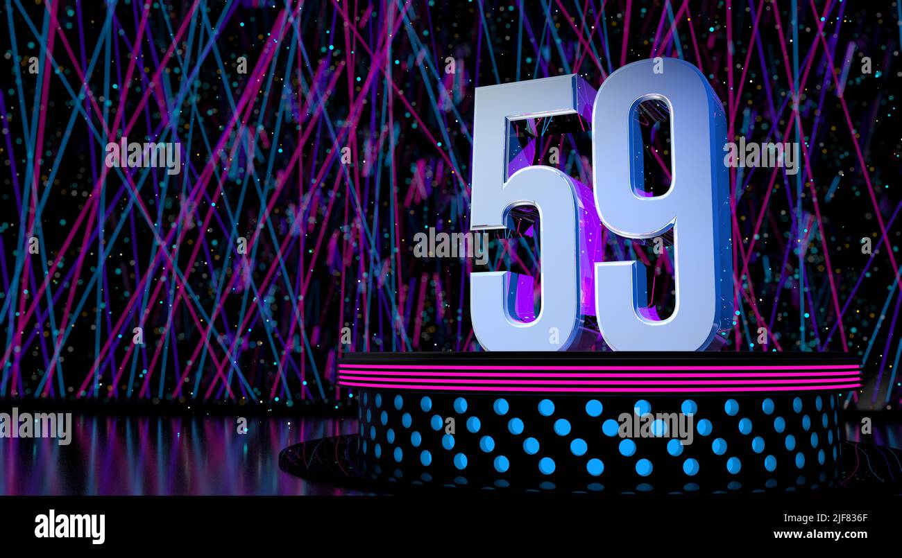Solid number 59 reflective on a round stage with blue and magenta ...