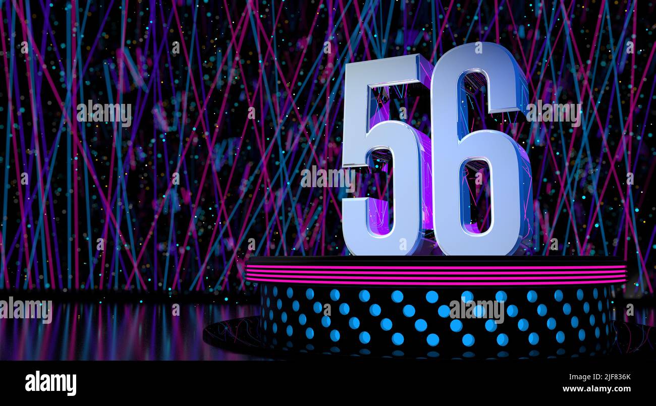 Solid number 56 reflective on a round stage with blue and magenta ...