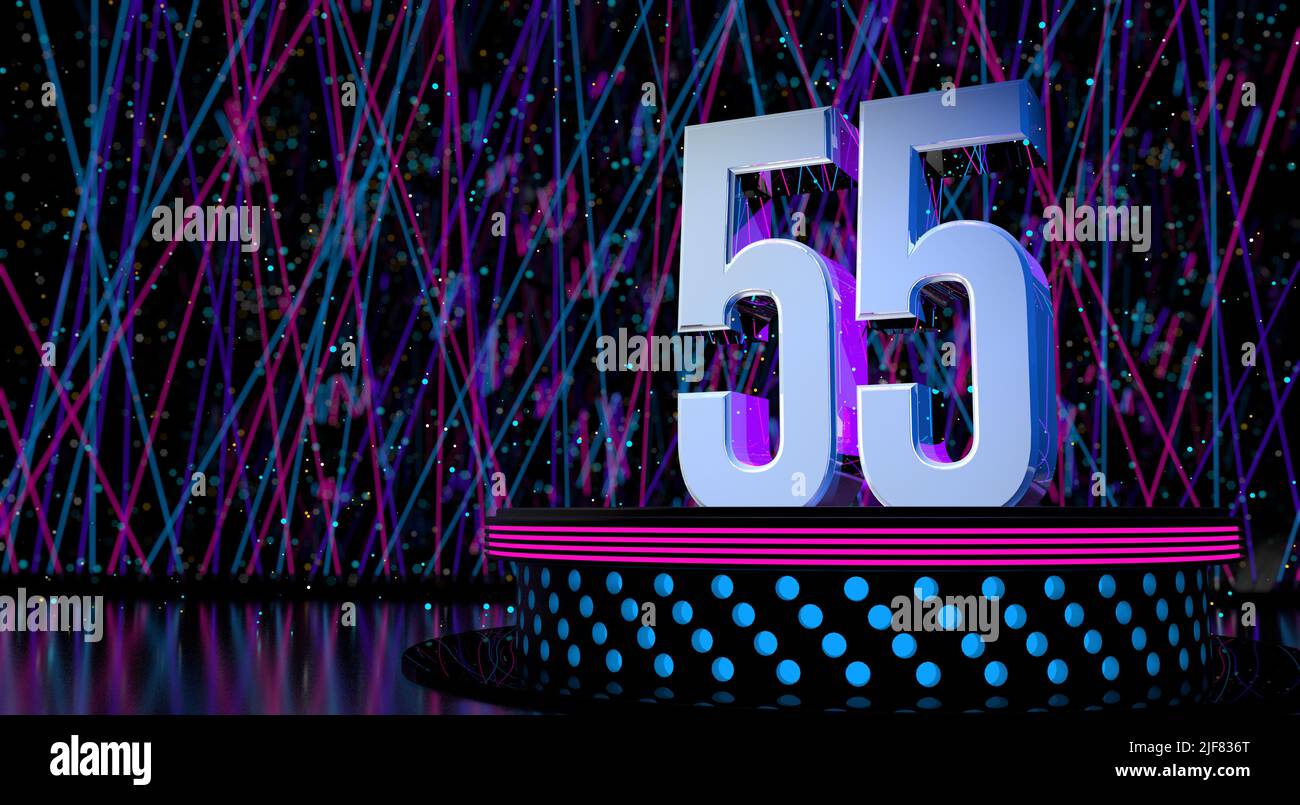 Solid number 55 reflective on a round stage with blue and magenta ...