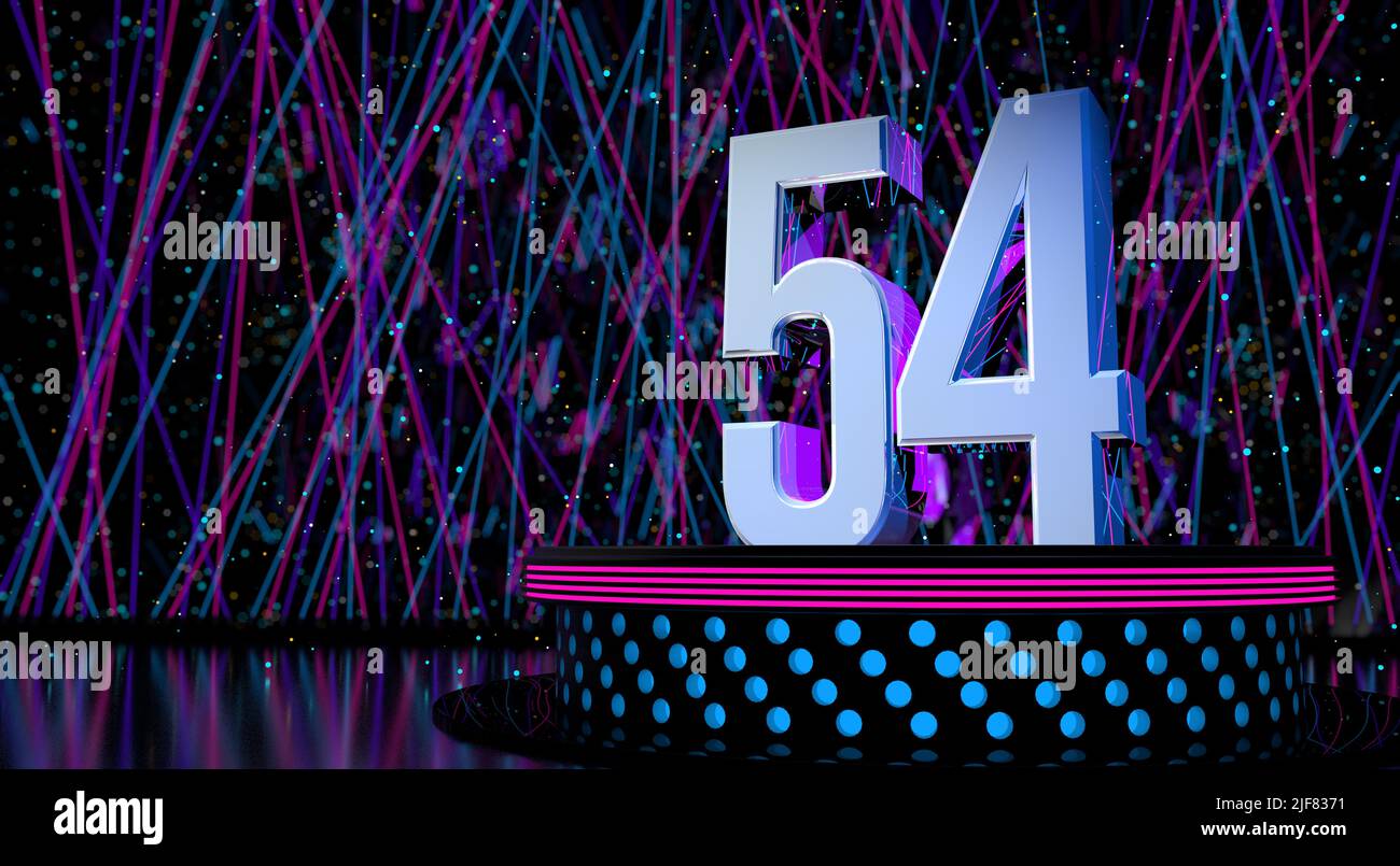 Solid number 54 reflective on a round stage with blue and magenta ...
