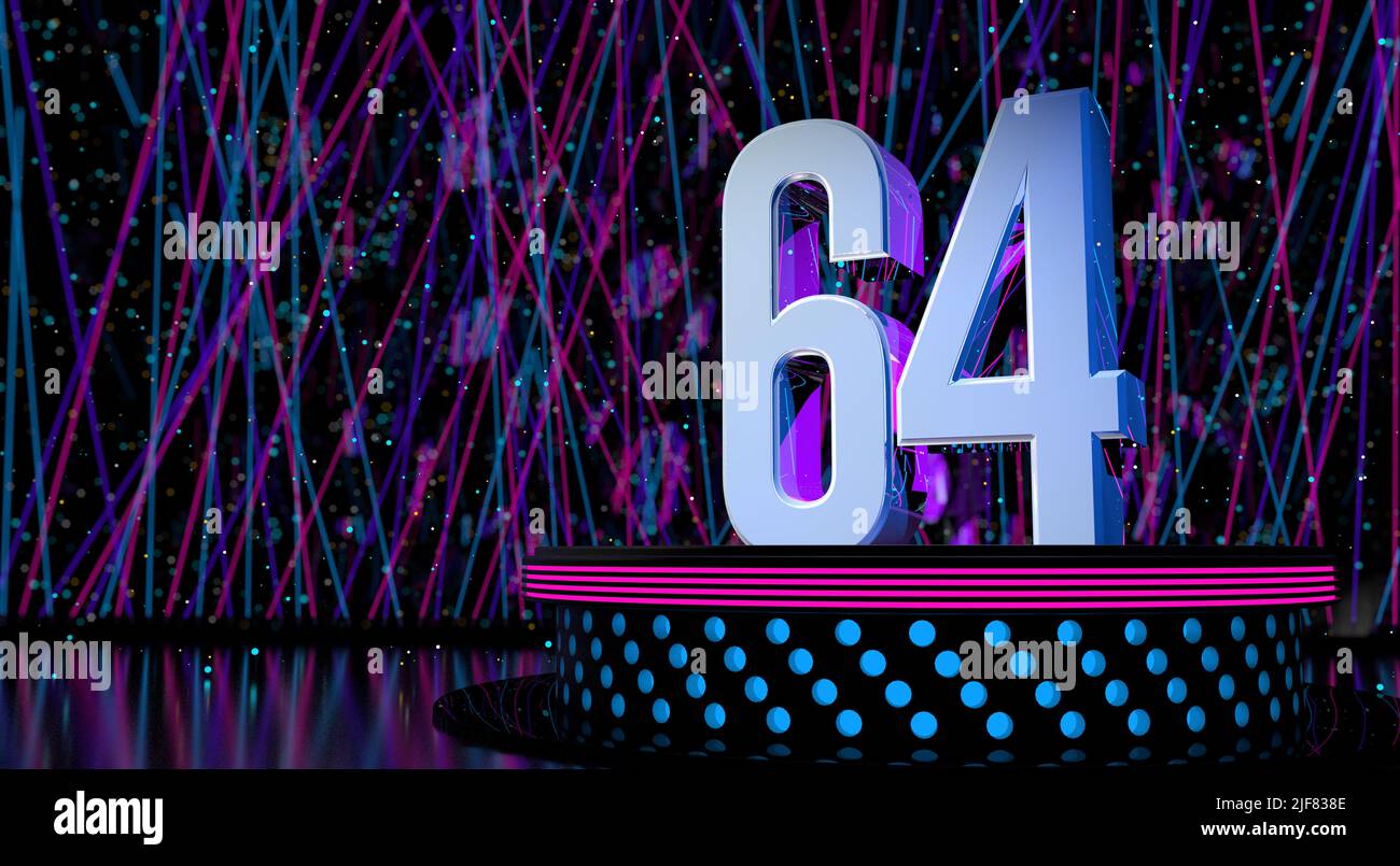 Solid number 64 reflective on a round stage with blue and magenta ...