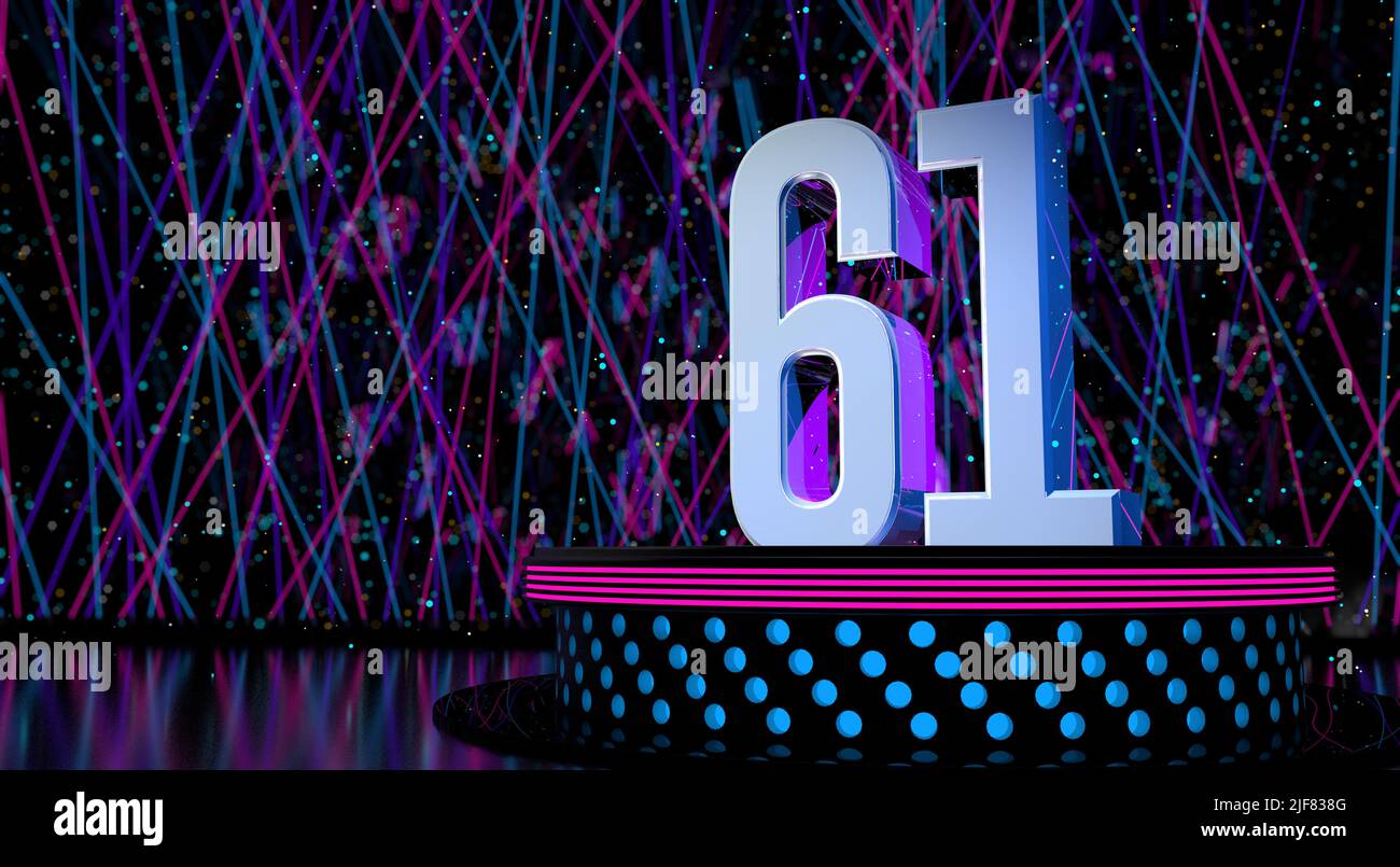 Solid number 61 reflective on a round stage with blue and magenta ...