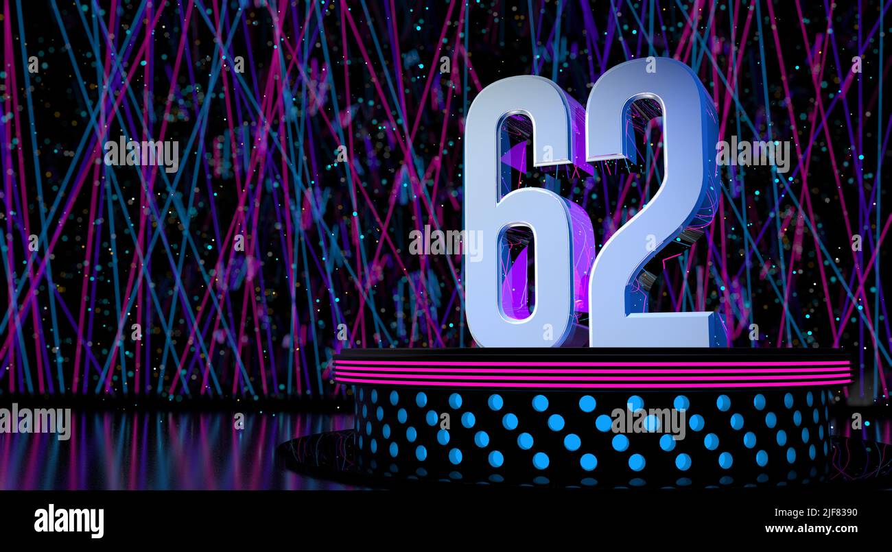 Solid number 62 reflective on a round stage with blue and magenta ...