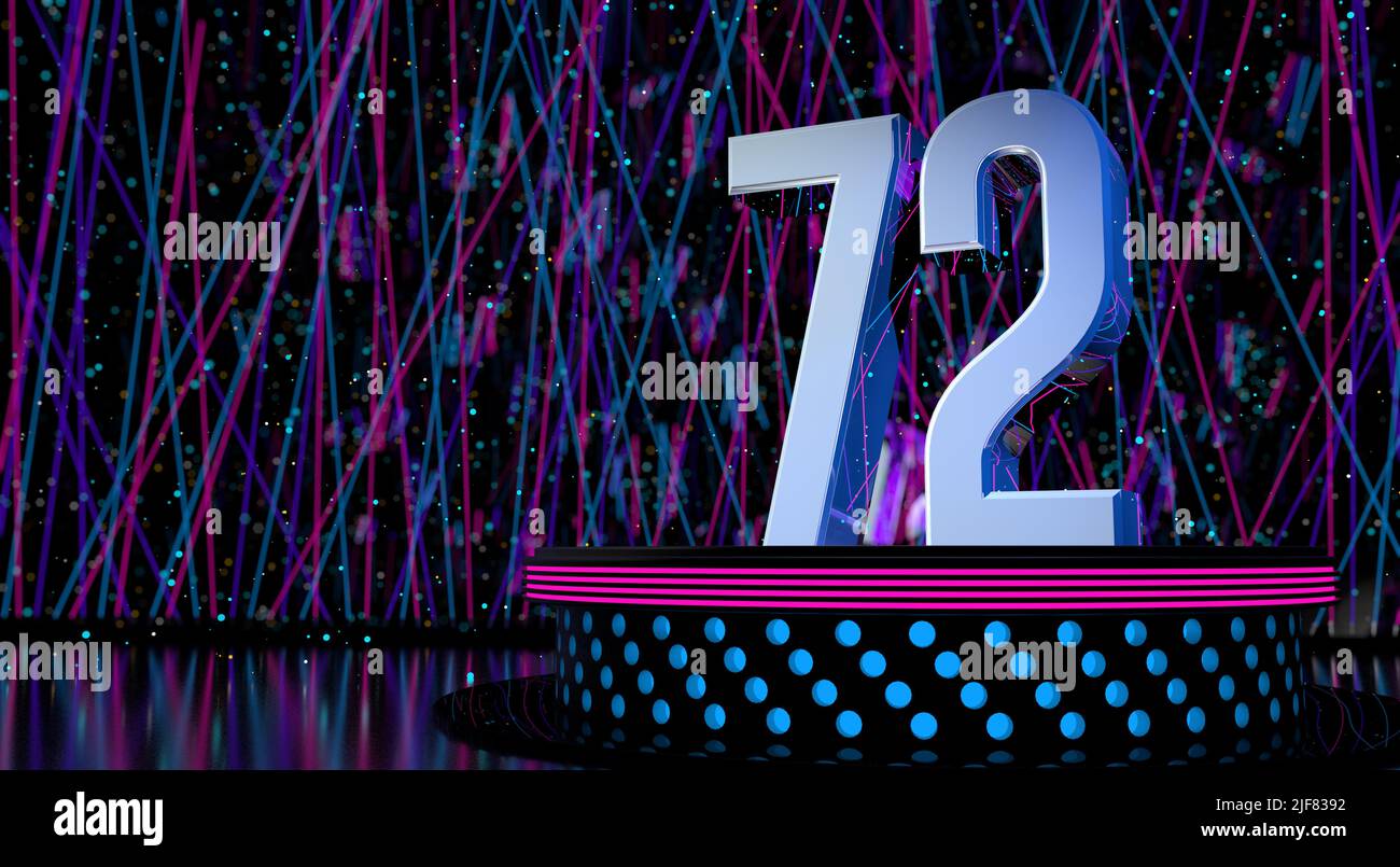 Solid number 72 reflective on a round stage with blue and magenta ...
