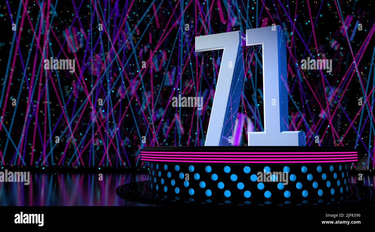 Solid number 71 reflective on a round stage with blue and magenta ...