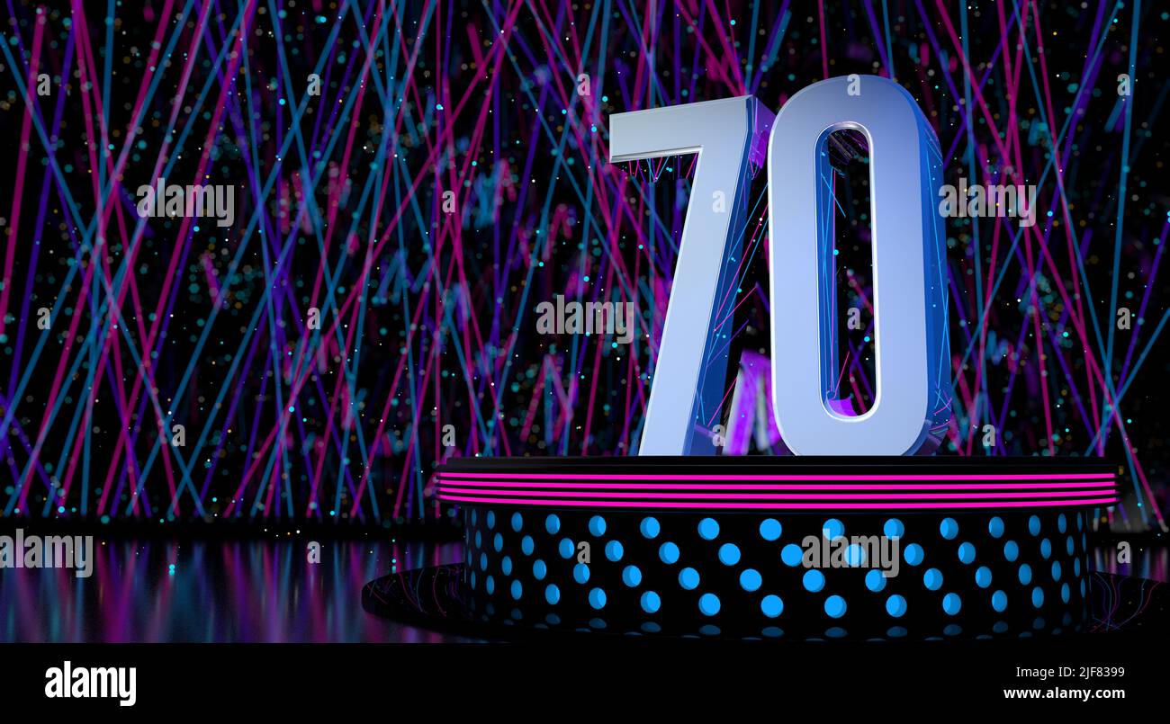 Solid number 70 reflective on a round stage with blue and magenta ...