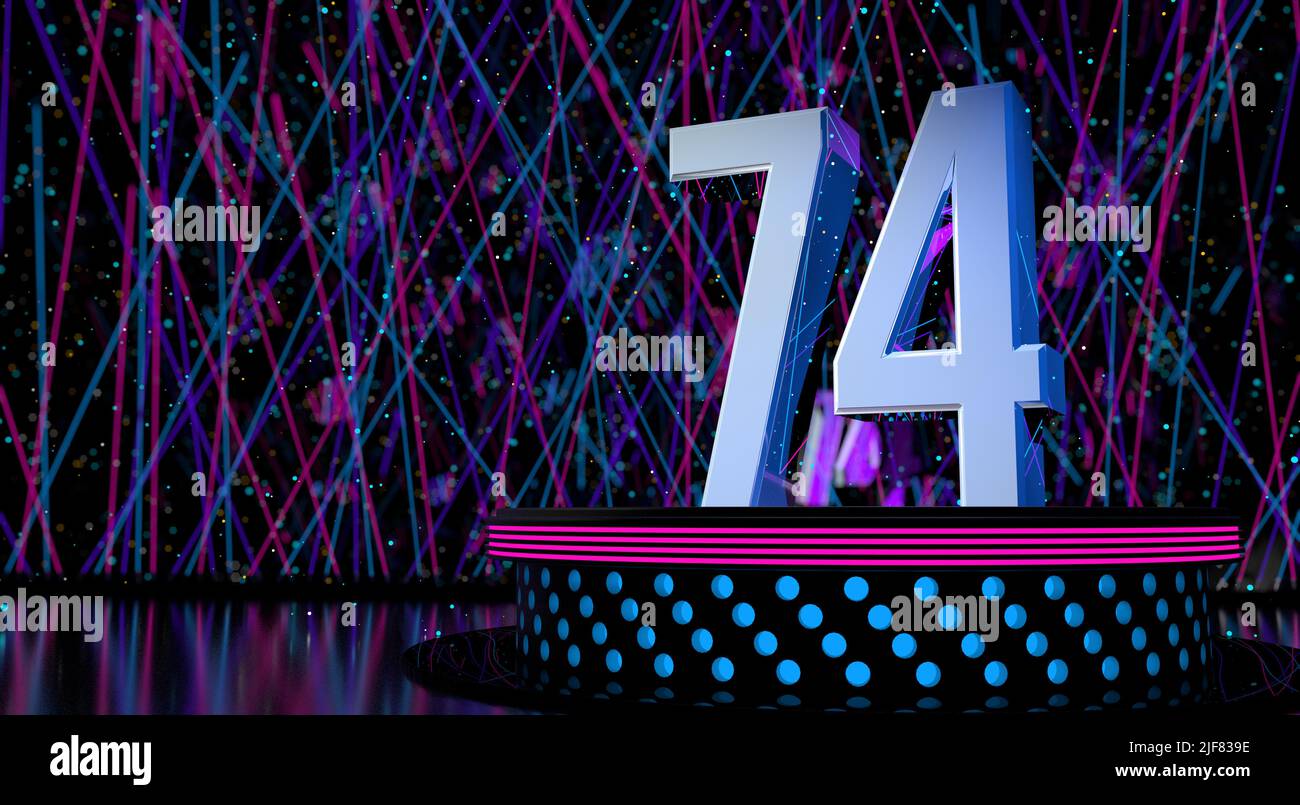 Solid number 74 reflective on a round stage with blue and magenta ...