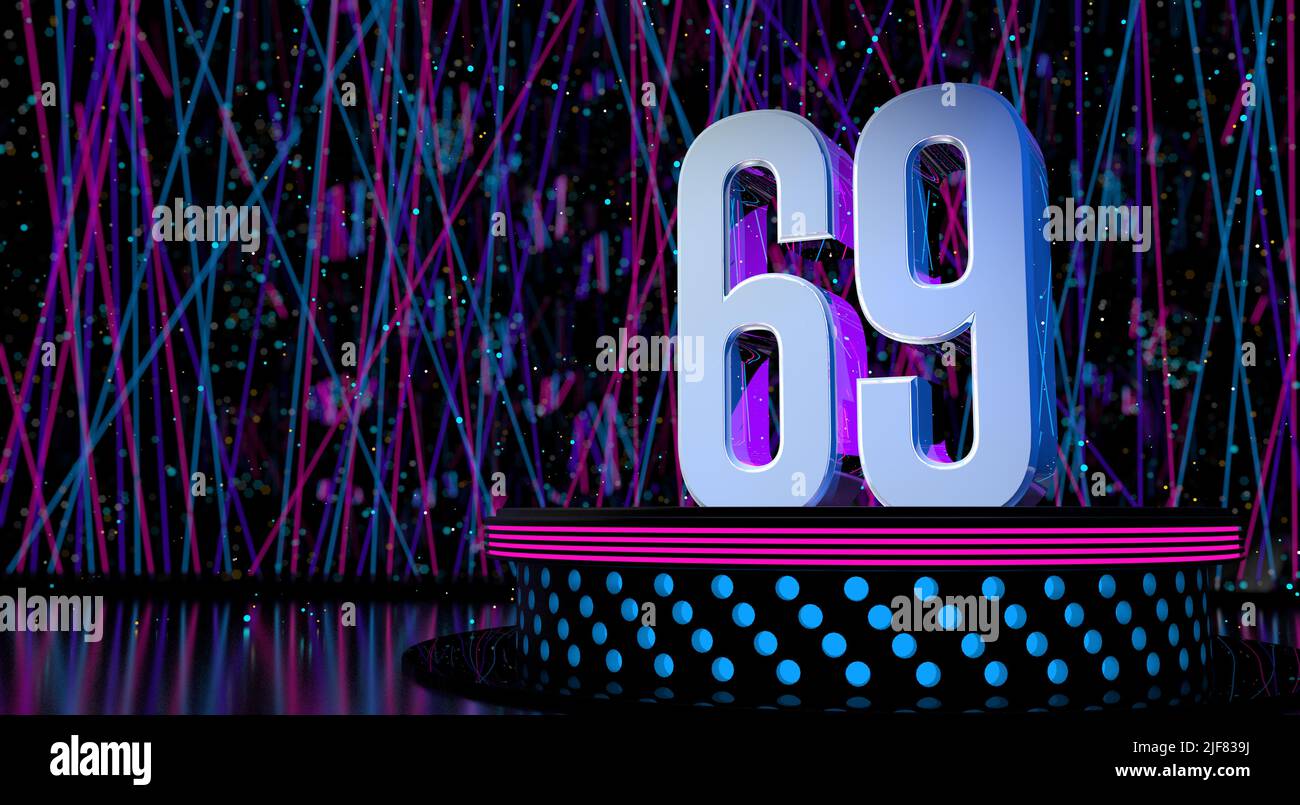 Solid number 69 reflective on a round stage with blue and magenta ...