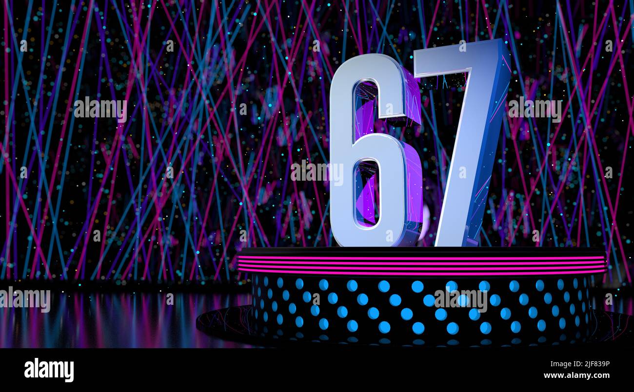 Solid number 67 reflective on a round stage with blue and magenta ...