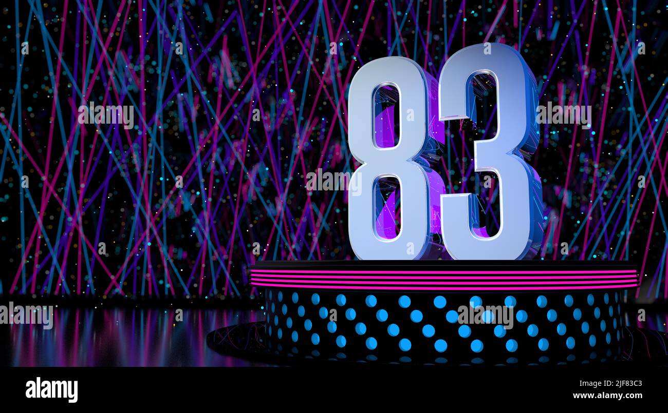 Solid number 83 reflective on a round stage with blue and magenta ...