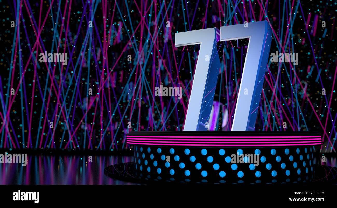 Solid number 77 reflective on a round stage with blue and magenta ...