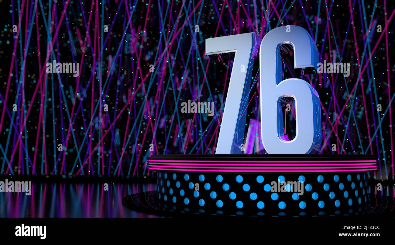 Solid number 76 reflective on a round stage with blue and magenta ...