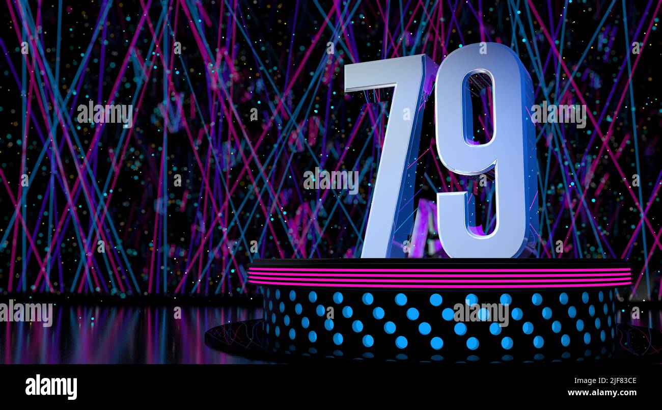 Solid number 79 reflective on a round stage with blue and magenta ...