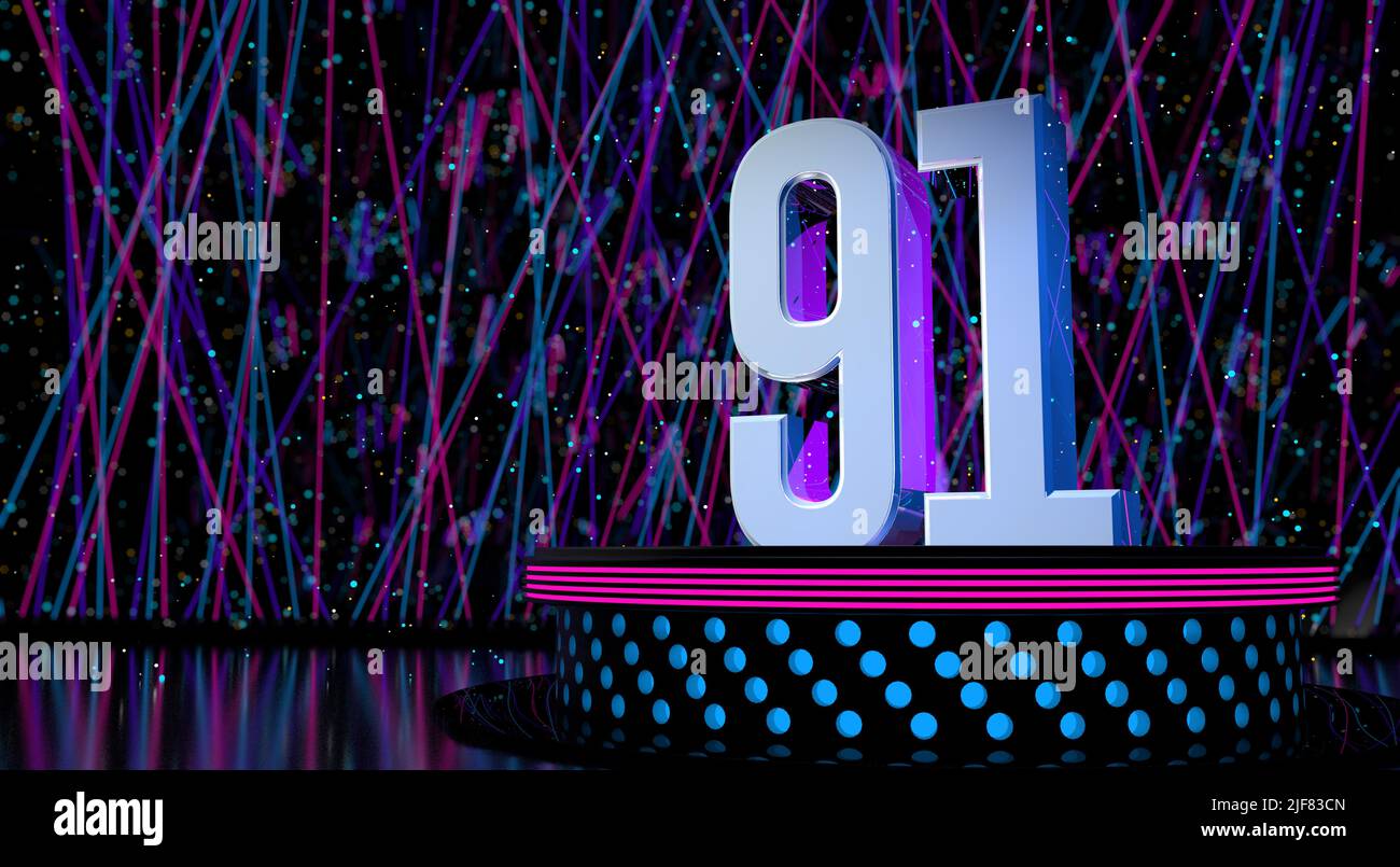 Solid number 91 reflective on a round stage with blue and magenta ...