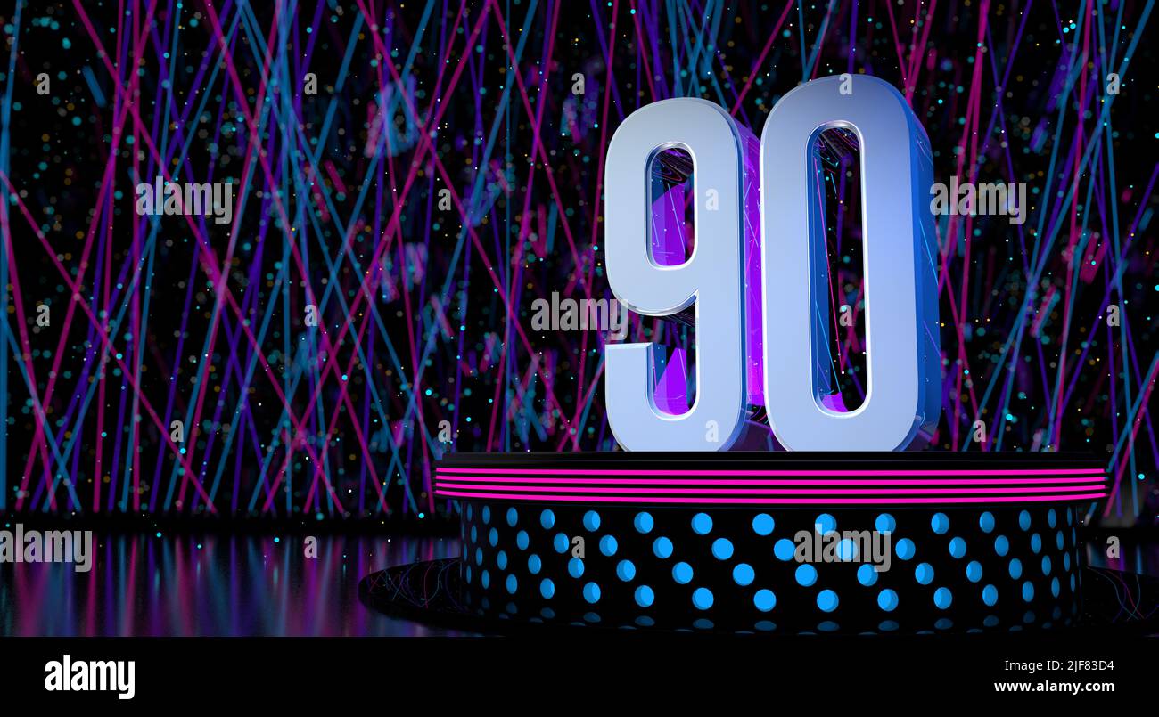 Solid number 90 reflective on a round stage with blue and magenta ...
