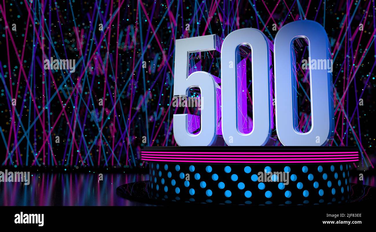 Solid number 500 reflective on a round stage with blue and magenta ...