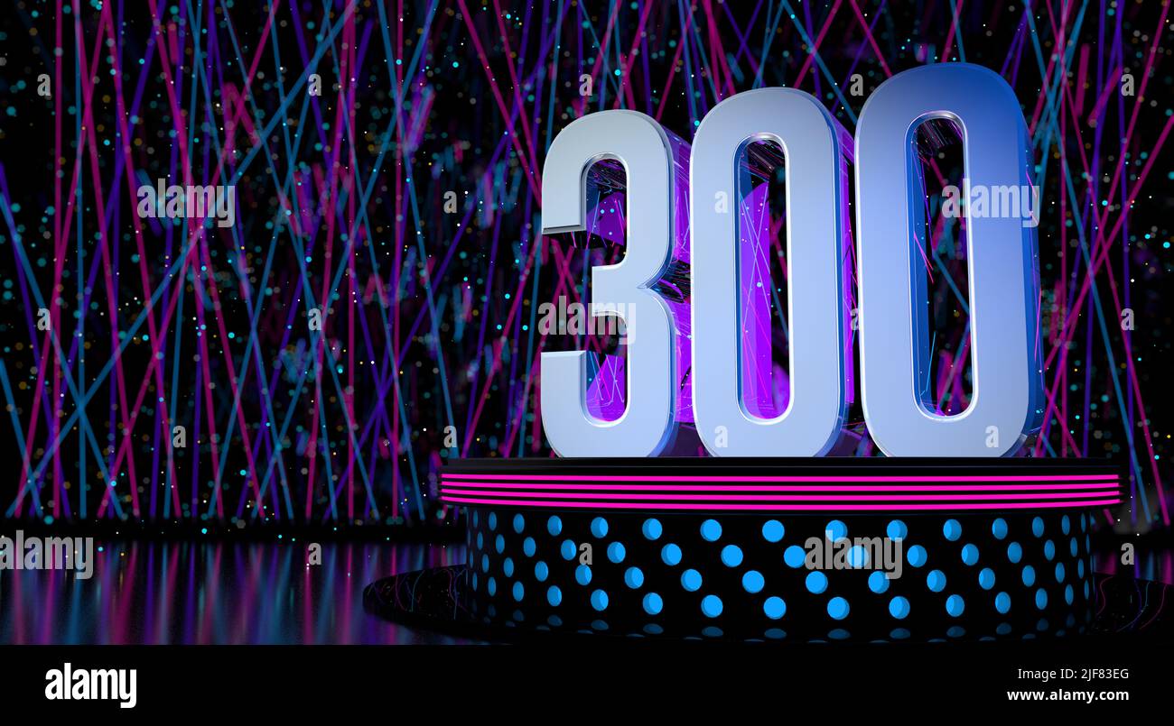 Solid number 300 reflective on a round stage with blue and magenta ...