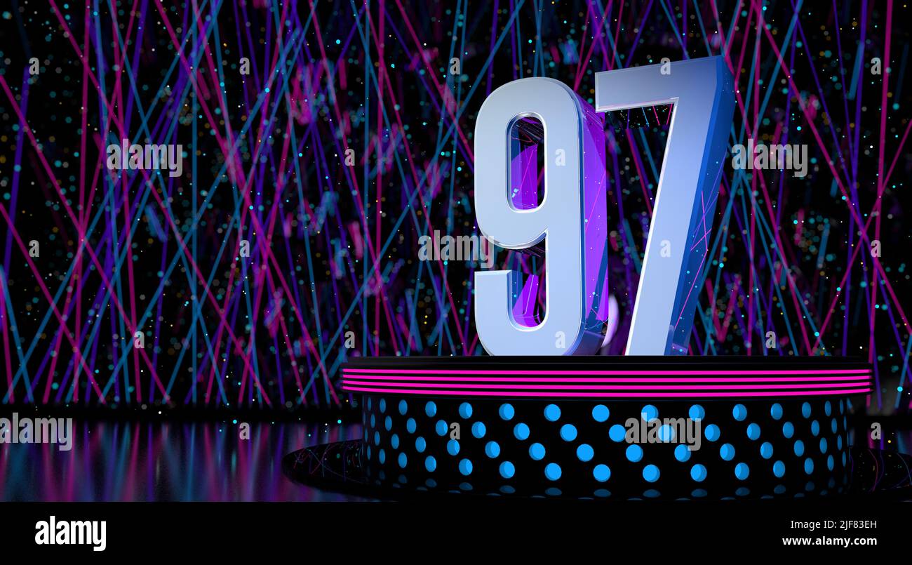 Solid number 97 reflective on a round stage with blue and magenta ...