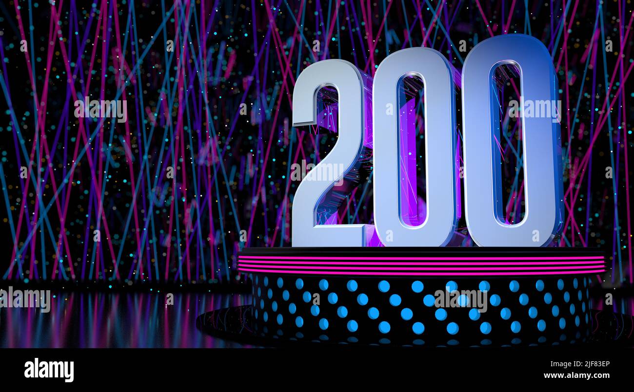 Solid number 200 reflective on a round stage with blue and magenta ...